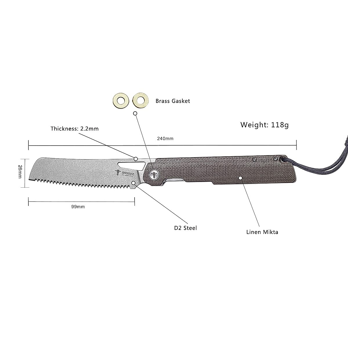 SHOOZIZ Folding Serrated Bread Knife - 3.8 Inch - XUN Series 119-D2 Steel - inen Mikta Handle - Japanese-style - Outdoor Camping - pocket knife