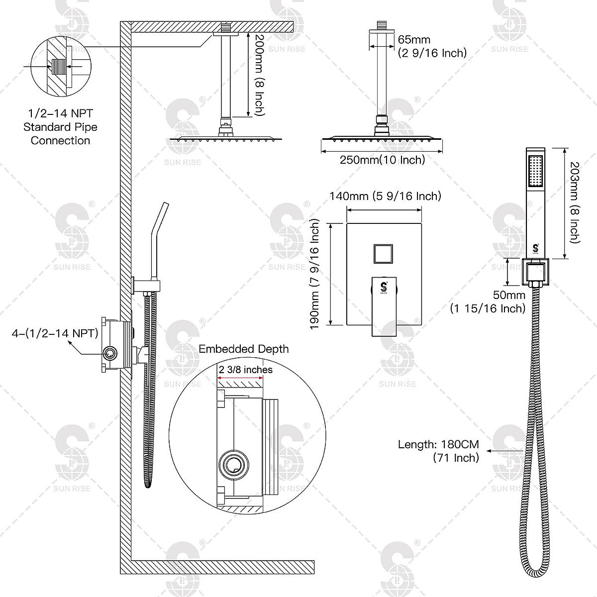 SR SUN RISE SRSH-C1003 Ceiling Mount Bathroom Luxury Rain Mixer Shower Combo Set Rainfall Shower Head System 10 Inch Polished Chrome (Contain Shower Faucet Rough-In Valve Body and Trim）