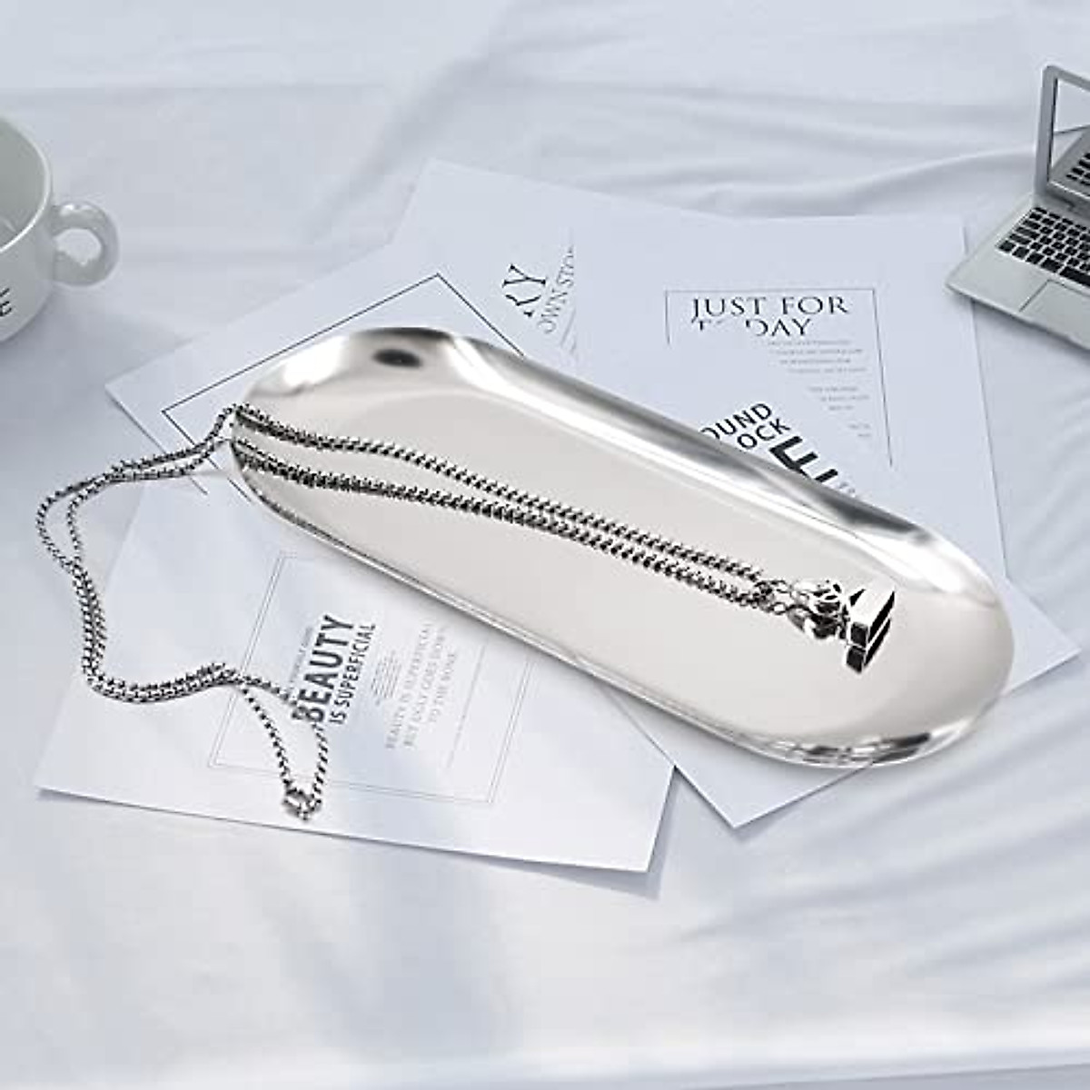 Stainless Steel Towel Tray 3 Pack Silver Tray Storage Tray Multipurpose Decorative Trays Serving Tray for Trinket Jewelry Dish Tea Fruit Bathroom Storage Organizer Oval, Silver (8.7 x 3.5 inch)