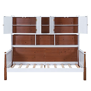 Harper & Bright Designs Twin Daybed with Bookcase Headboard, Twin Size Platform Bed with Storage Cabinet,Wood Twin Bed Frame for Kids Teens Adults (White+Walnut)