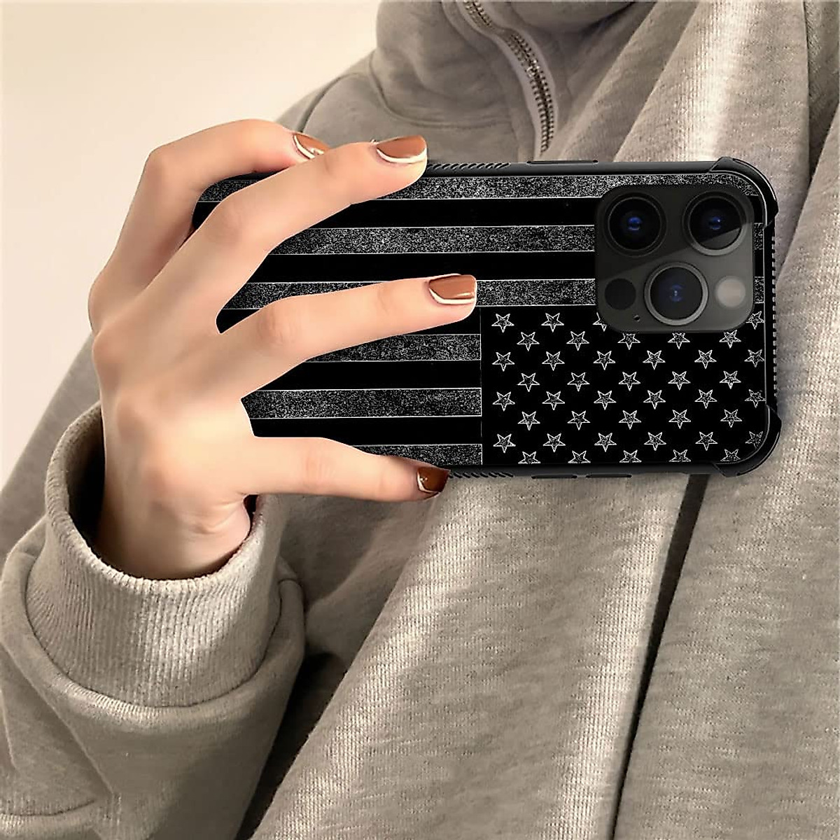 ZHEGAILIAN iPhone 14 Pro Max Case, Black and White American Flag, Shock-Absorbent TPU, Tempered Glass Back, 6.7-inch