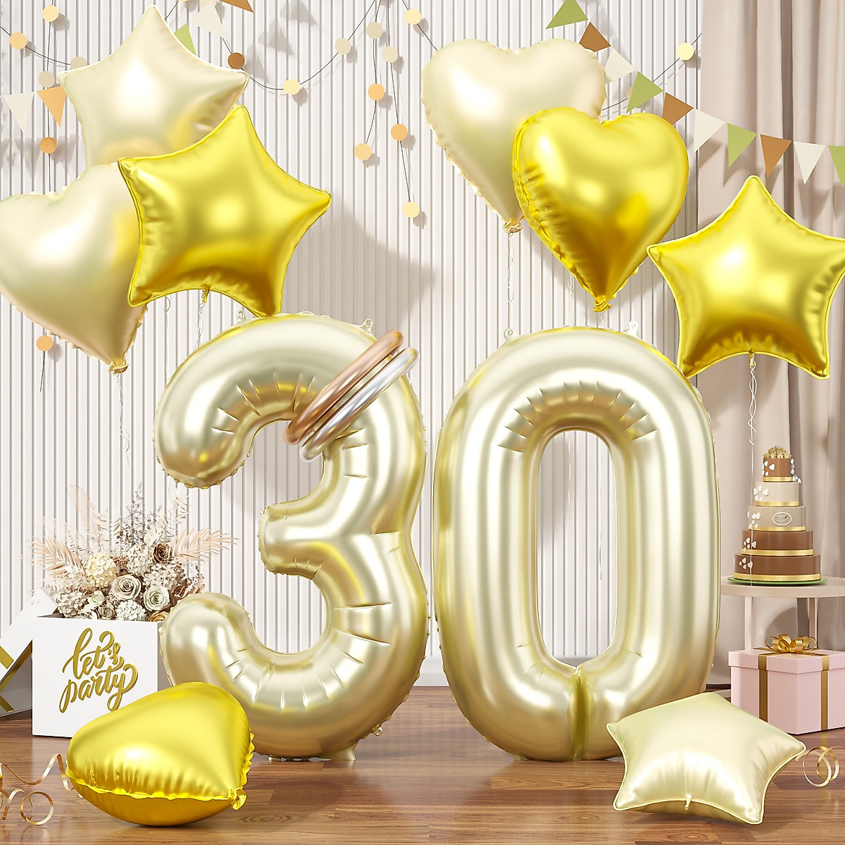 Champagne Gold 30 Balloons, Light Gold 30 Balloons, 40inch Number 30 Balloons Set, Gold Foil Star Heart Balloons With Long Balloons For 30th Birthday Party Graduation Anniversary 3rd Baby Shower Decor