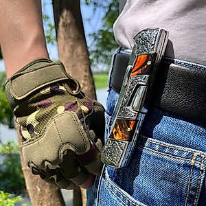 LANFED Pocket knife for Men, 3.5 inch Folding Knife with Back Lock, Engraved Unique Resin Handle, Cool Knives for Fishing, Hunting, Camping Gifts for Men