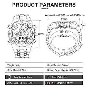 GOLDEN HOUR Huge Face Big Size Military Sports Mens Watches Waterproof, Stopwatch, Date and Date, Alarm, Luminous Digital Analog Stainless Steel Wrist Watch with Rubber Band in Black