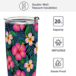 Summer Plumeria Hibiscus Palm Leaf Stainless Steel cups with lids with Lid and Straw coffee mugs with lids for Home, Office or Car safe tumbler with lid and straw 20 OZ