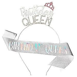 Birthday Queen Sash and Crown Tiara for Women Silver Glitter Happy Birthday Headband Hats Birthday Party Hats Decorations Supplies Photoshooting Props Birthday Gifts for Mom Grandma Women Friends