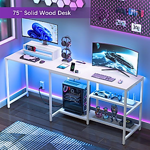 VEELOK L Shaped Desk with Power Outlets, Wood Computer Desk with Monitor Stand and Storage Shelves, Gaming Desk, Office Desk, Study Desk, Corner Desk Work Desk for Home Office, White