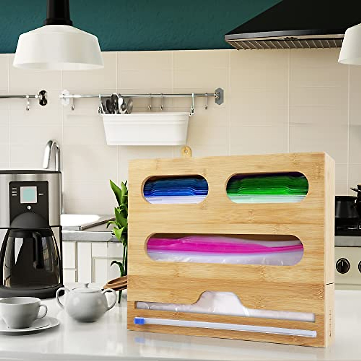 Premium Plastic Wrap Dispenser with Cutter and Ziplock Bag organizer, Bamboo Foil and Plastic Wrap Organizer for Kitchen Drawer, Ziplock Bag Storage Organizer for Gallon,Quart,Sandwich,Snack