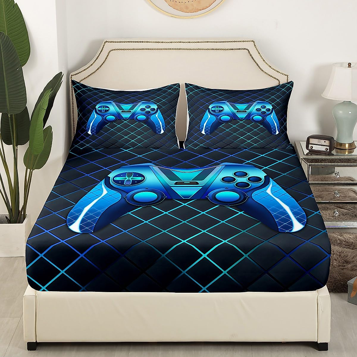 Erosebridal Gamer Bed Sheets Set for Boys, Gaming Sheet Sets Twin Size Video Game Contoller Sheets Gaming Gifts for Teenage Boys, Geometric Diamond Gamepad Flat Fitted Sheet with 1 Pillow Case, Blue