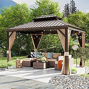 Patiorama 10’ x 12’ Hardtop Gazebo, Outdoor Aluminum Gazebo with Galvanized Steel Double Vented Roof Canopy, W/Shaded Curtains and Netting, Pergola for Patio, Garden, Yard, Lawn,Party, BBQ (Brown)