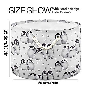 ALAZA Large Storage Basket for Toys Cute Baby Penguins Star Round Blanket Basket Baby Laundry Hamper Canvas Organizer Bin Box Cotton Rope Collapsible Bucket Pillow Home Decor
