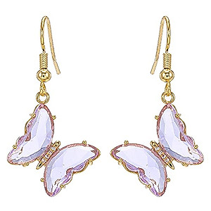 CZ Butterfly Glass Drop Dangle Earrings for Women Teen Girls 925 Sterling Silver Post Pin Cubic Zirconia Gold Plated Hypoallergenic Nickel Free Cute Charms Dangling Stud Earring Dainty Dainty