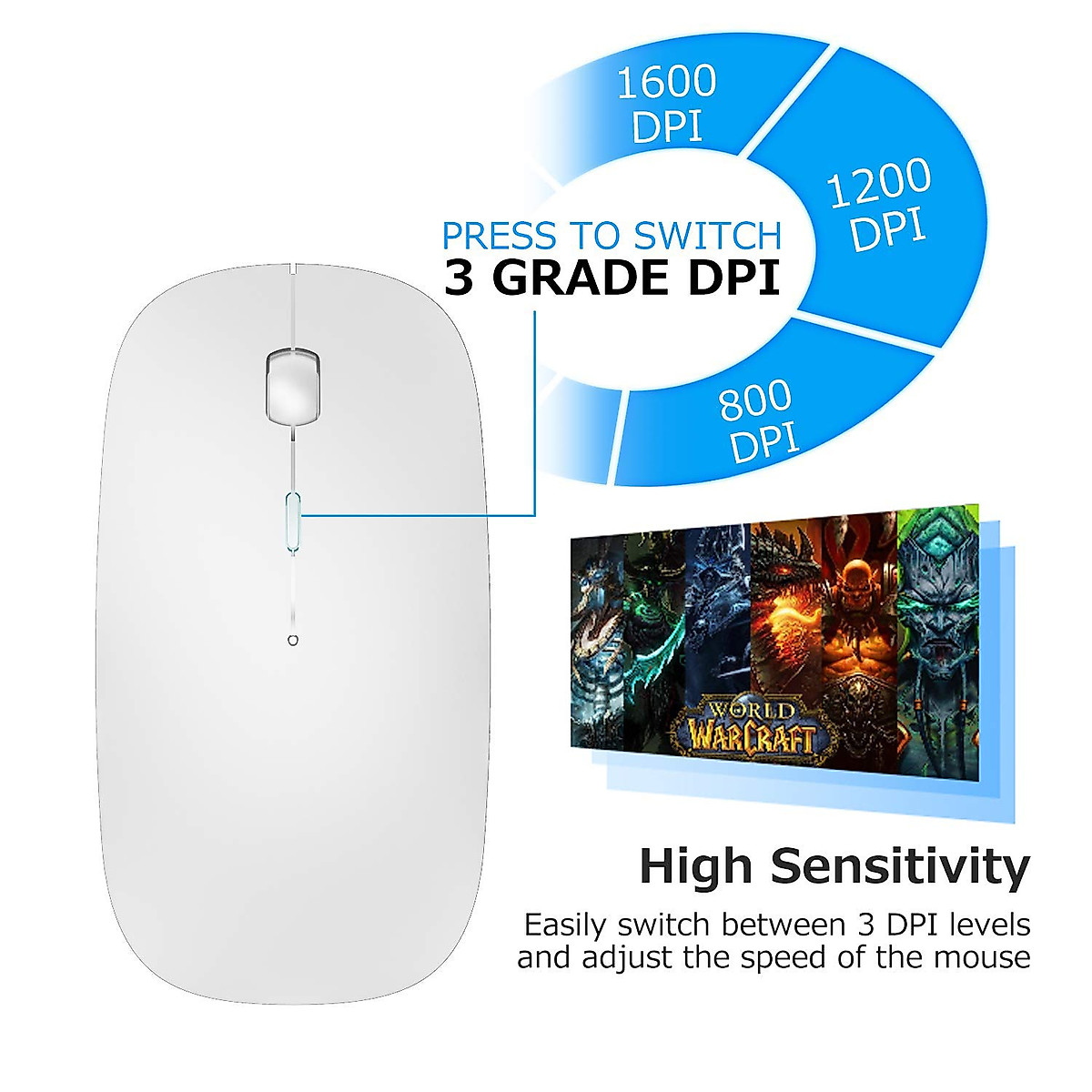 Bluetooth Wireless Mouse, Dual Mode Slim Rechargeable Wireless Mouse Silent Cordless Mouse with Bluetooth 4.0 and 2.4G Wireless, Compatible with Laptop, PC, Windows Mac Android OS Tablet (White)