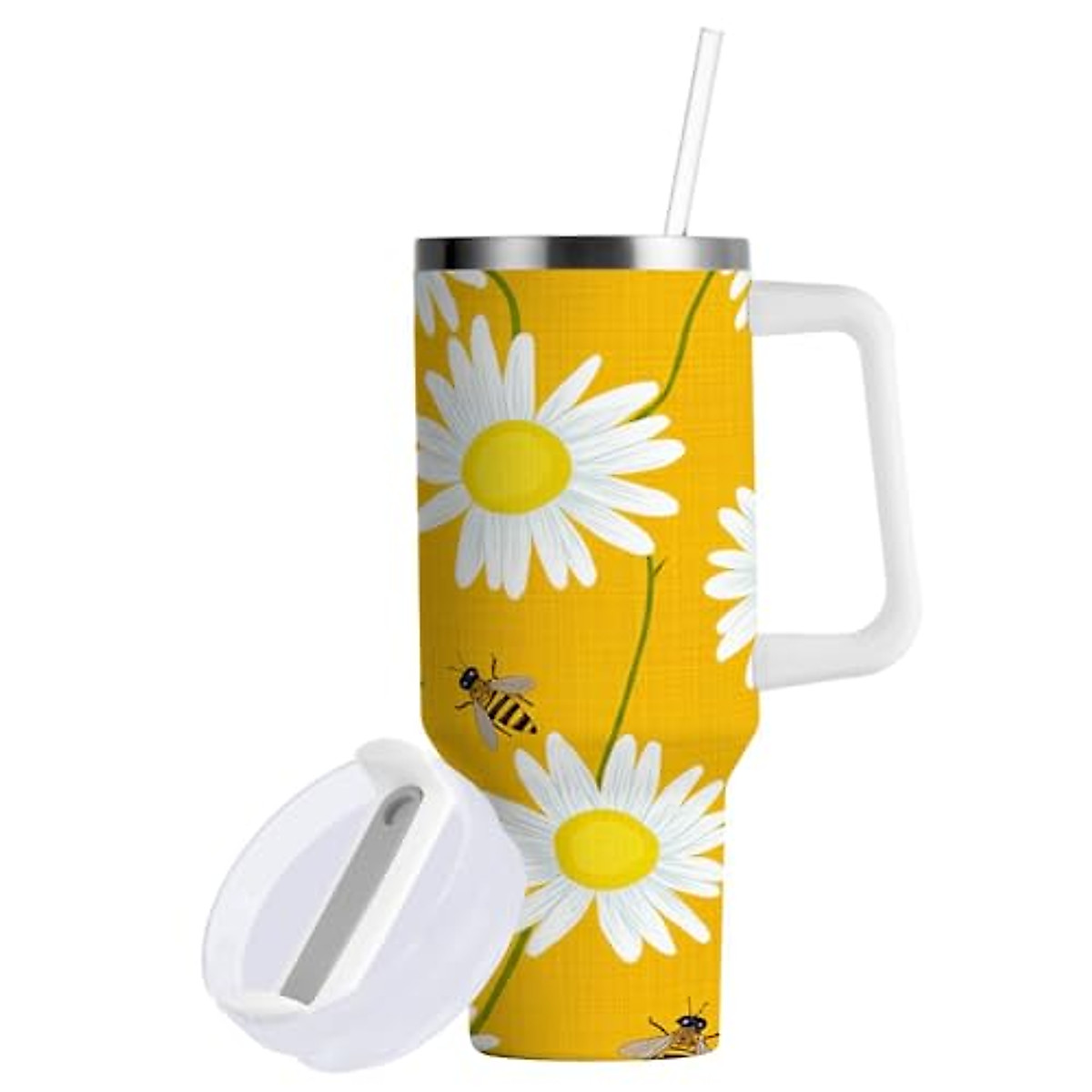 RPLIFE White Daisies Bees Warm Yellow 40 Oz Tumbler with Handle and Straw, Stainless Steel Tumbler with Straw, Coffee Tumbler