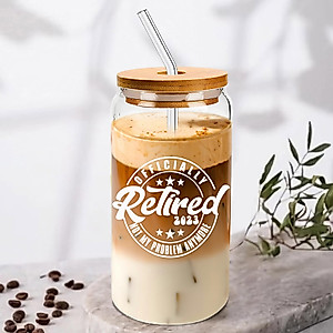 Ymuklns Offically Retired 2023 16 oz Iced Coffee Glass Cup with Lids and Straw - Retirement Gift Memorable Gift for Women Men Friends Dad Mom Mother's Day Gift