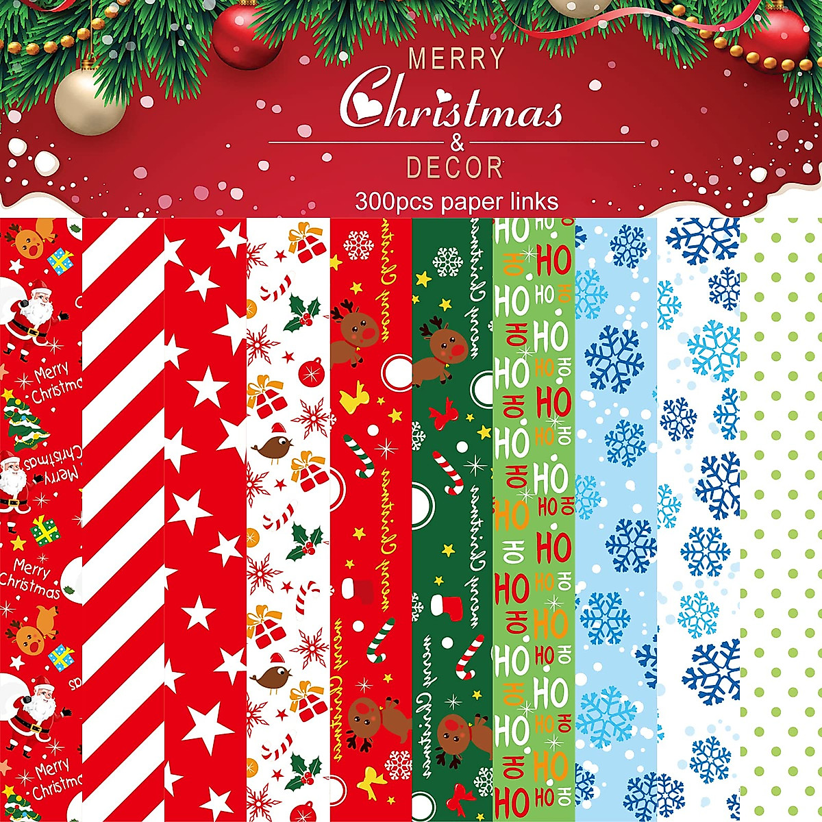 MIAHART Merry Christmas Paper Chains 300 Links Festive Paper Craft Supplies for Christmas and Festive Party Decorations