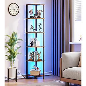 VIMBER 6-Tier Corner Shelf with LED Light, Industrial Corner Ladder Shelf, Rustic Display Shelf for Living Room, Bedroom, Kitchen, Home Office, Sturdy Frame, Rustic Brown and Black UJSJ002F