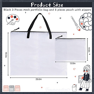 Framendino, 8 Pack 19 X 25 Inch Art Portfolio Bags With Mesh Zipper Pouch Pencil Bags Art Posters Organizer Bag for Posters Artwork Bulletin Board Black