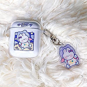 Fycyko Compatible with AirPods 2 Case Clear Cute Cartoon Rabbit Keychain Protective Cover Space Astronaut Purple Pattern Card Cover Credit Card ID Window Design for AirPods 2 &1