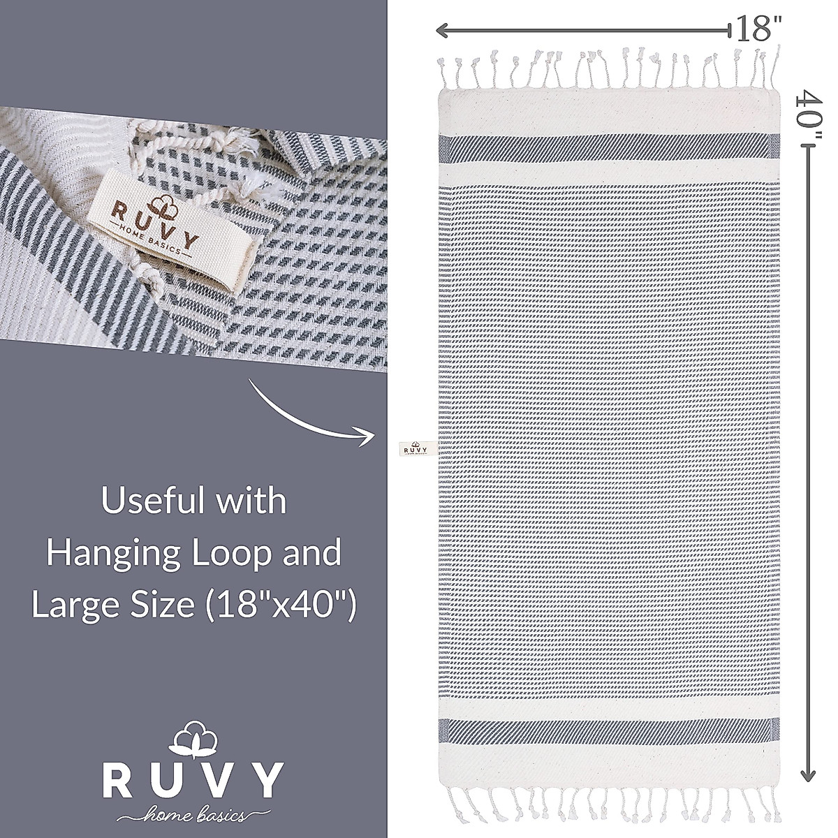 Ruvy Home Basics Turkish Hand Towels for Bathroom Set of 2 | 18"x40", Cotton | Bathroom Hand Towels & Decorative Hand Towels for Bathroom, Kitchen Towels, Dishcloth, Tea, Yoga, Face, Gym - Light Grey