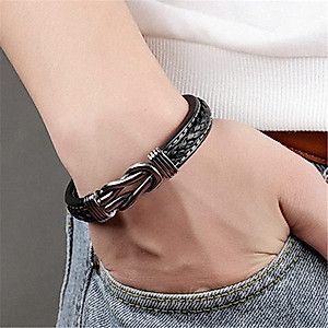 Mother and Son Forever Linked Together Braided Leather Bracelet， To My Son Bracelets from Mom Stainless Steel Interlocking Wristband Son Graduation Inspirational Birthday Jewelry Gift with Card Box,
