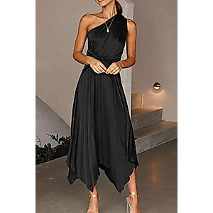 PRETTYGARDEN Women's Summer Long Satin Dress One Shoulder Sleeveless Ruched Twist Flowy Maxi Dresses (Black,Medium)