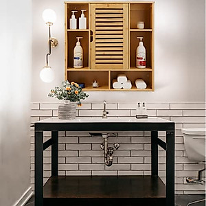 HOMBOUR Bathroom Wall Mounted Cabinet, Over The Toilet Space Saver Storage Cabinet, 3-Tier Bamboo Medicine Cabinet with Door and Shelves for Bathroom, Kitchen, Living Room