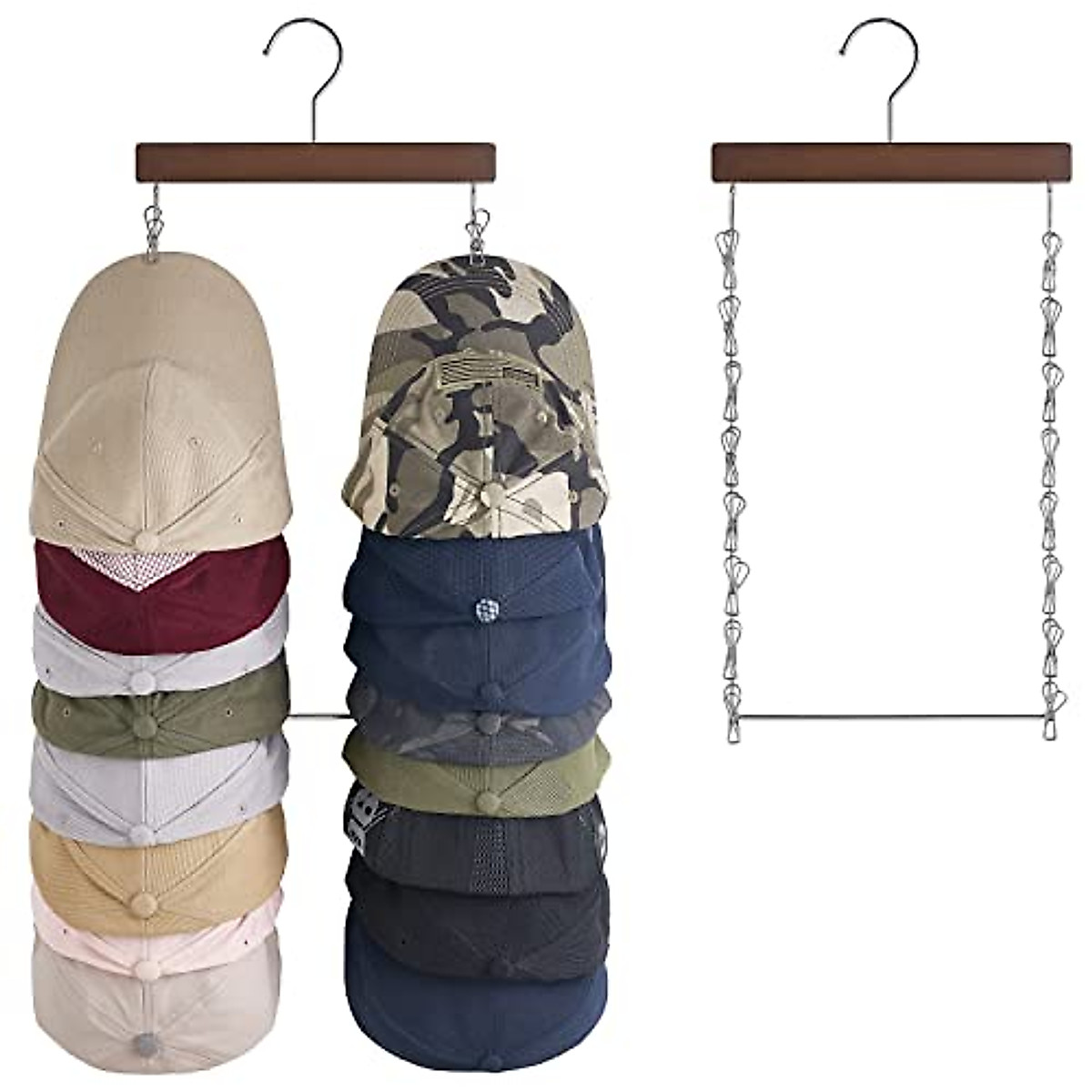 Dahey Hat Organizer for Closet Set of 2 Hat Racks for Baseball Caps Hat Holder Organizer with 32 Stainless Steel Clips, Wooden Cap Holder Hangers Display for Door Closet Storage, Fits All Caps