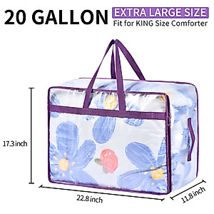 20 Gallon Large Clear Blanket Storage Bags for Bedding with Zipper Handles, 76L Oversized Comforter Storage Bag King Size, Folding Plastic Bedding Storage for Clothes, Bed Sheet, Pillow, Toys, 4Pack
