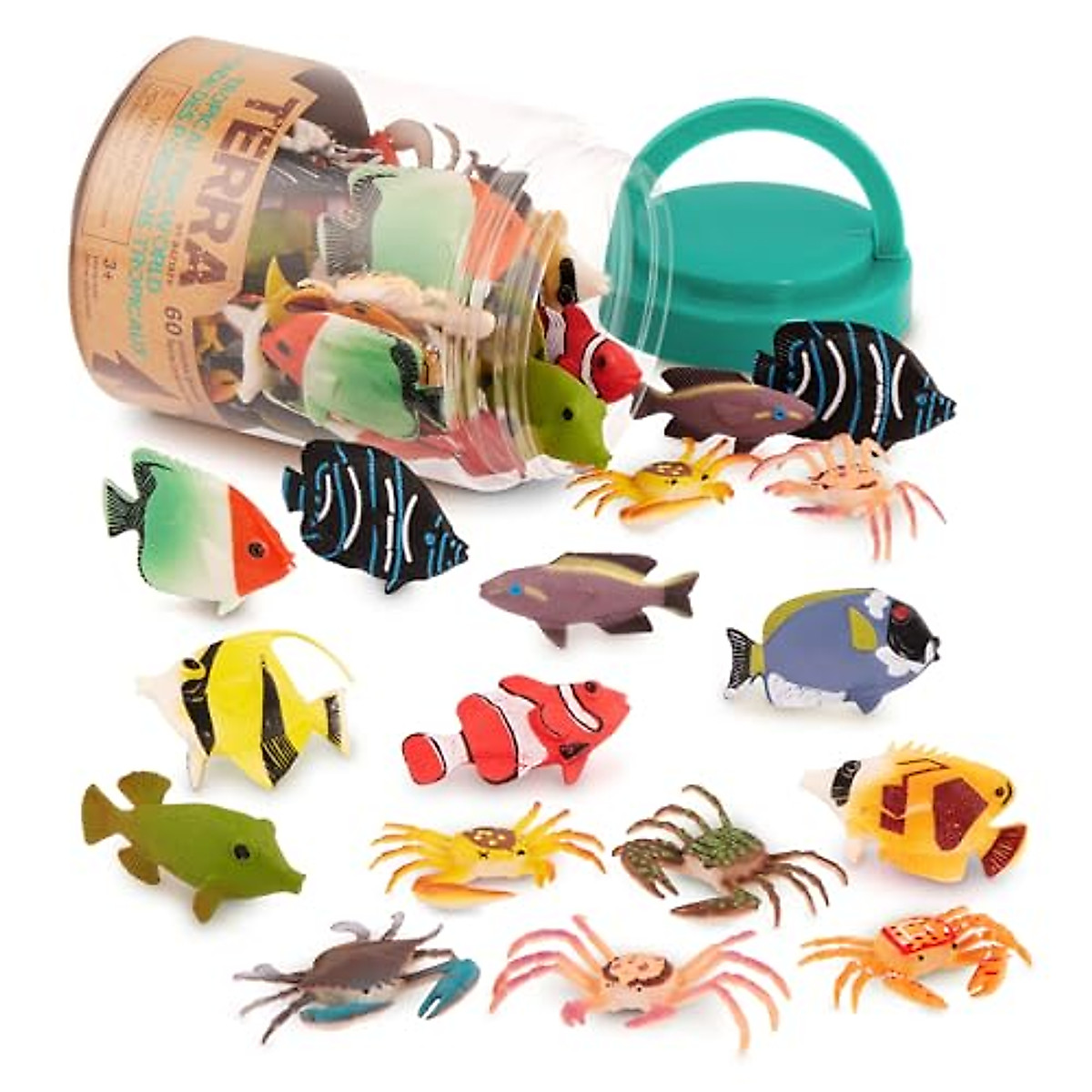 Terra by Battat – Toy Tropical Fish & Crabs – 60 Mini Figures in 12 Realistic Designs – Tropical Sea Animals in Storage Tube – Realistic Figurines for Sensory Bin – Tropical Fish World – 3 Years +