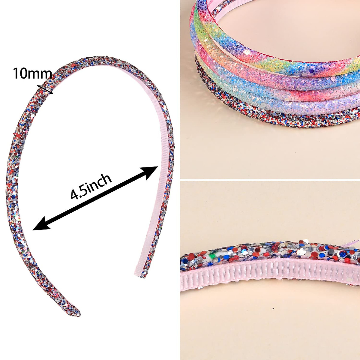 WANYU 10 Colors Thin Headbands for Girls Toddler Headband 10mm Thickness Glitter Kids Hairbands No Slip Girl Hair Accessories