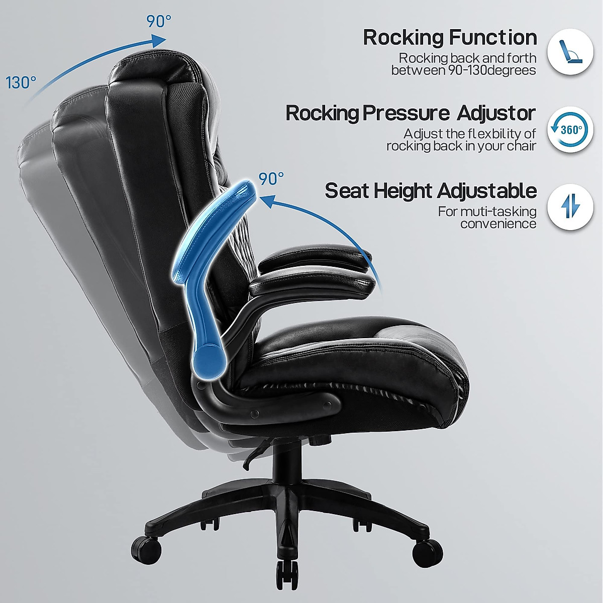 YI DANICA High Back Big & Tall 400lb Office Chair - Heavy Duty Metal Base, Adjustable Tilt Angle Large Bonded Leather Ergonomic Executive Computer Swivel Chairs