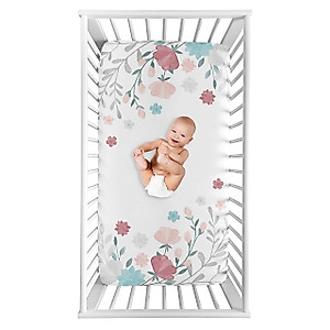 Sweet Jojo Designs Floral Rose Flowers Girl Fitted Crib Sheet Baby or Toddler Bed Nursery Photo Op - Blush Pink Teal Turquoise Aqua Blue Grey Pop Flower Boho Shabby Chic Modern Watercolor Roses