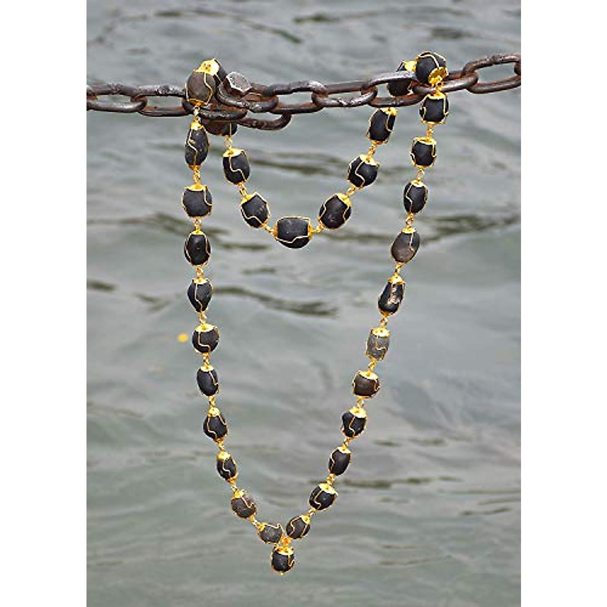 rudradivine Original Shaligram Shila Kantha with Gold Plated Cap Chain/Shaligram Big mala | Real Shaligram Stone from Gandak River Nepal | 32+1 Beads