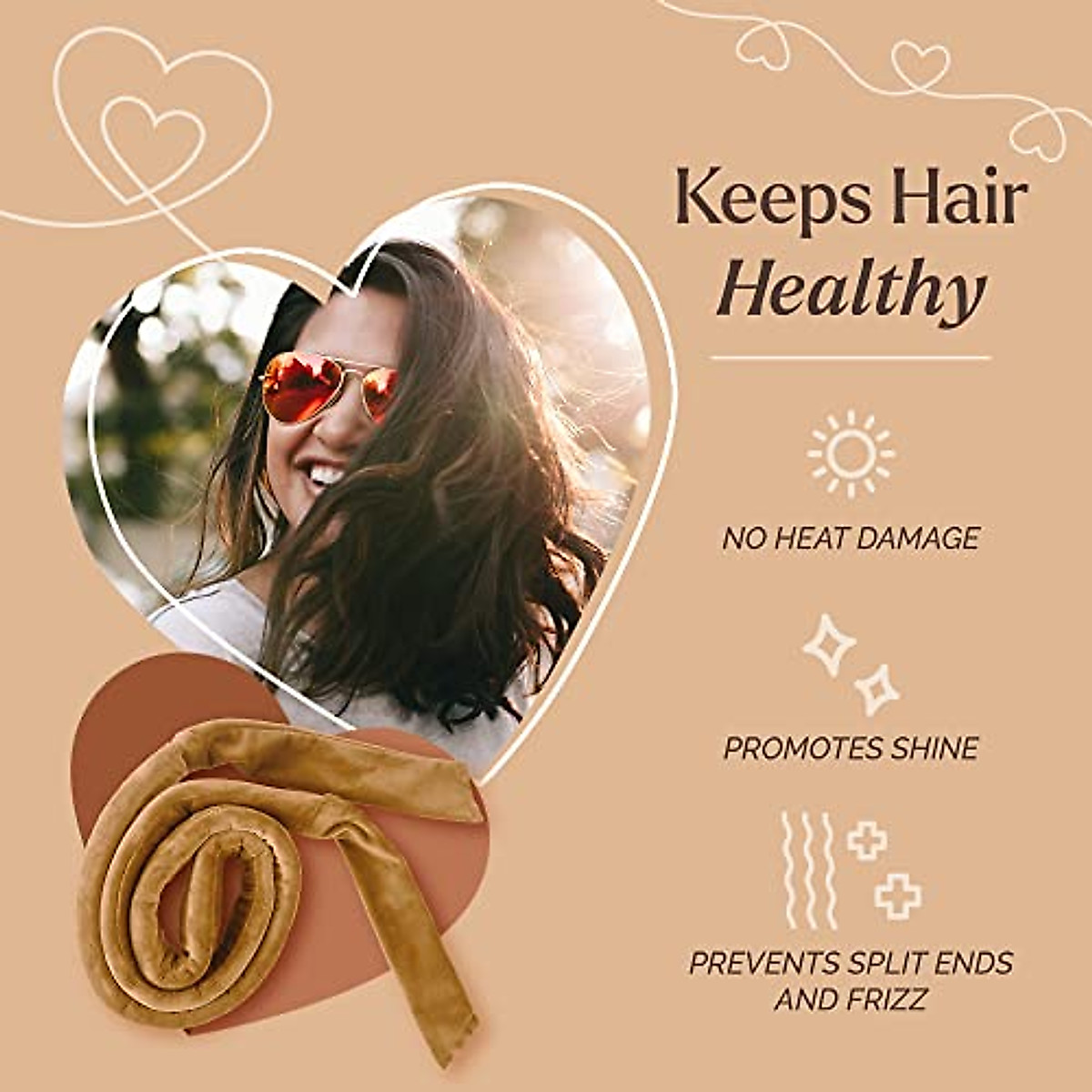 BHDbeauty No Heat Curling Headband You Can Sleep In- Heatless Overnight Natural Curls- Rod Ribbon Lazy Hair Curler Wrap Kit for Long Hair- Includes Bonus Airless Spray Bottle, Caramel, 5 Piece Set