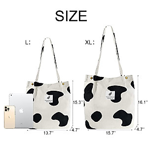 Trendlooks Large Corduroy Tote Bag Lightweight Reusable Canvas Purse for Women Girls Enjoy Your Life Label (XL,COW PRINT)