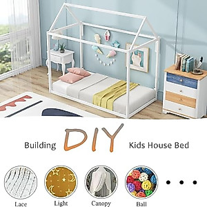 Metal Twin Size Montessori Floor Bed for Kids,Floor Bed Twin,House Bed with Slats for Boys Girls,Metal House Shape Platform Bed,No Spring Box Required,White