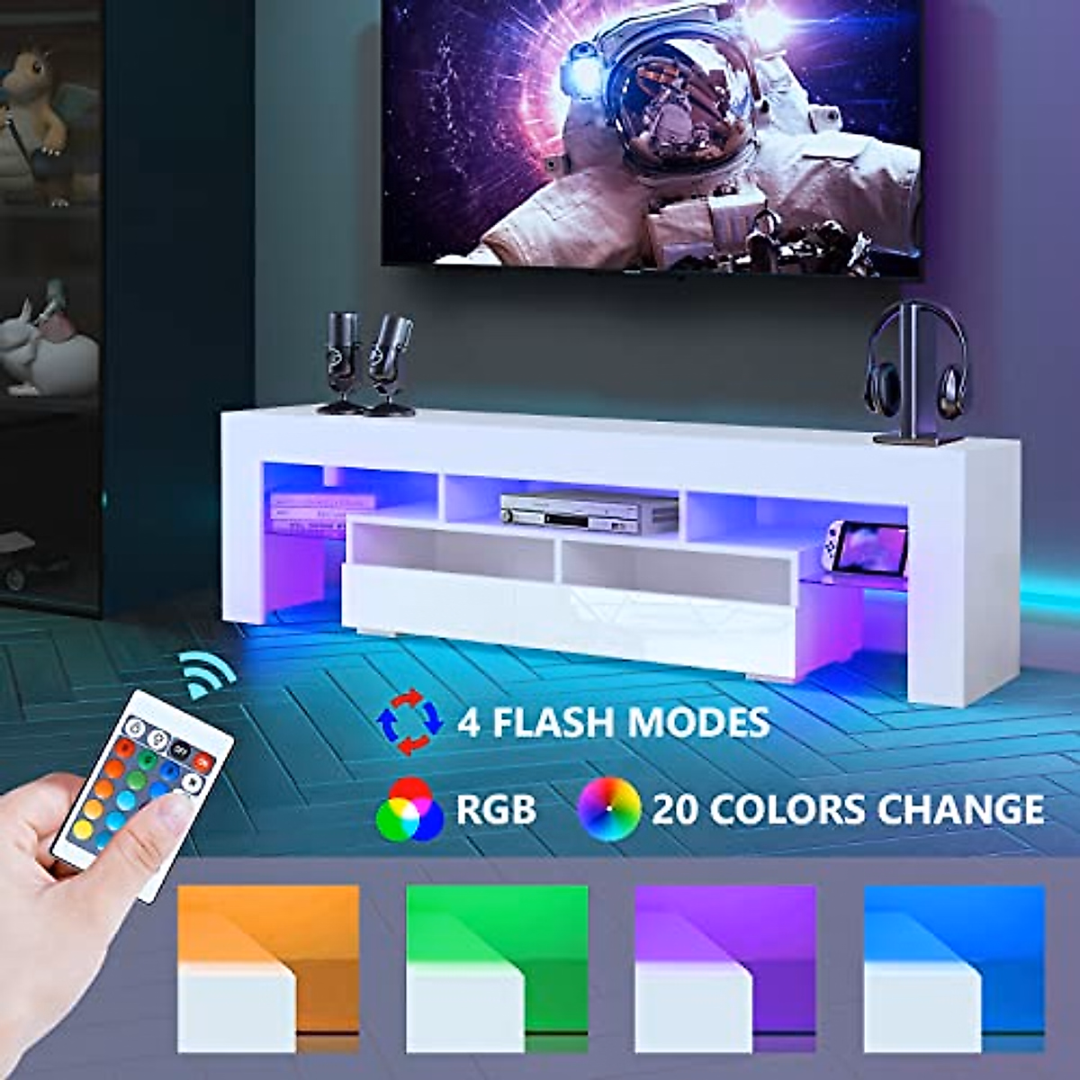 TV Stand with LED Lights for 60/65/70 Inch TV, Modern Gaming Entertainment Center, High Gloss Television Stands Media Console with Glass Shelves and 2 Drawers for Living Room, Bedroom, White