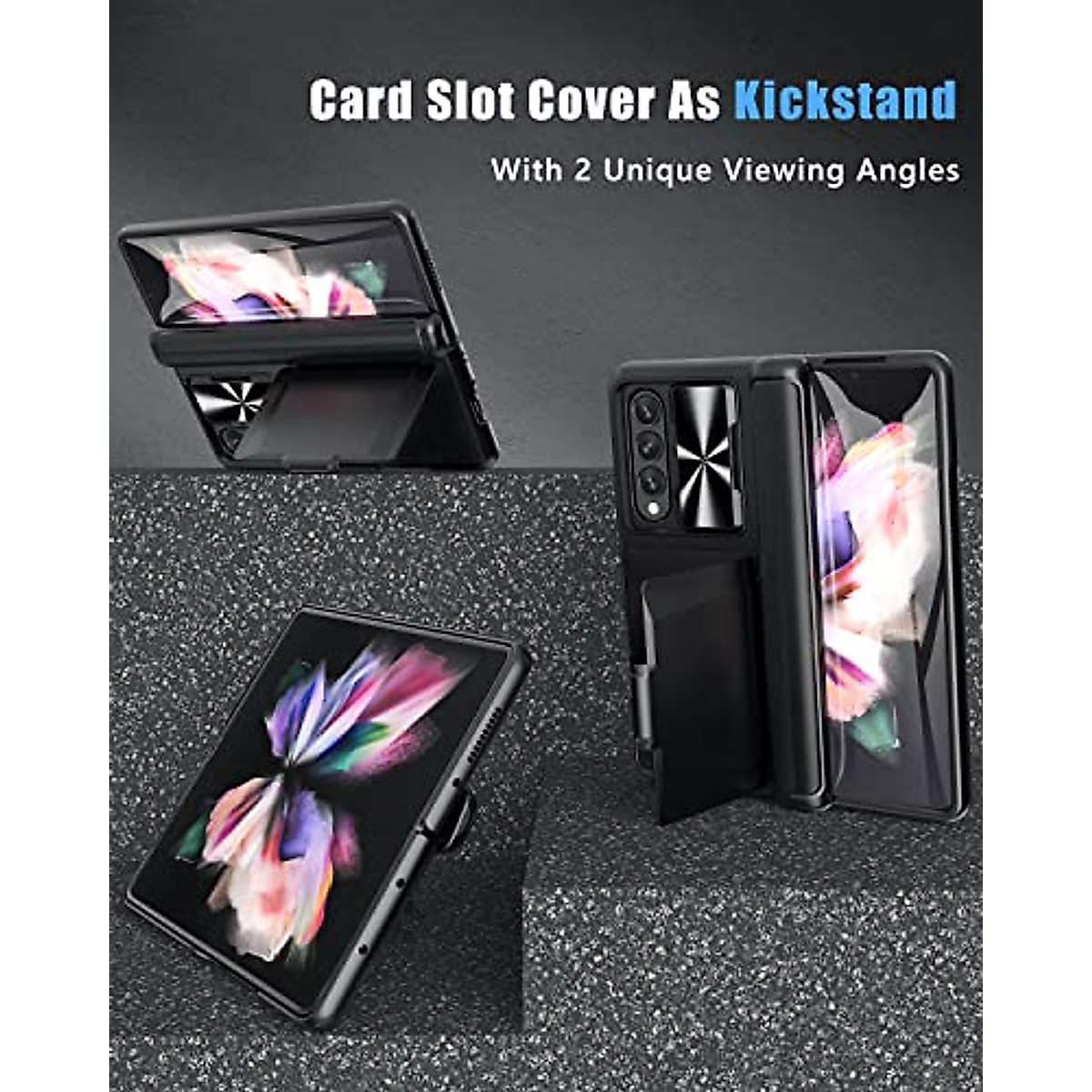 Vihibii for Samsung Galaxy Z Fold 3 5G Case with Hinge Protection, Built-in Card Holder & Kickstand & Slide Camera Cover & Screen Protector, Multifunction Case for Samsung Galaxy Z Fold 3 2021 (Black)