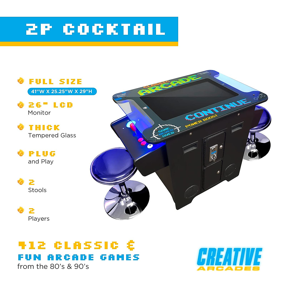 Creative Arcades Full Size Commercial Grade Cocktail Arcade Machine | 412 Games | 26" LCD Screen | 9" Riser | Square Glass Top | 2 Sanwa Joysticks | Trackball | 2 Stools Included | 3 Year Warranty