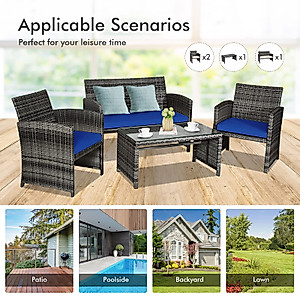 Toolsempire Outdoor Conversation Set, 4 Pieces Wicker Patio Furniture Set with Ergonomic Curved Design, Patio Chair Set with Water-resistant Cushion & Tempered Glass Table for Balcony,Porch(Navy Blue)