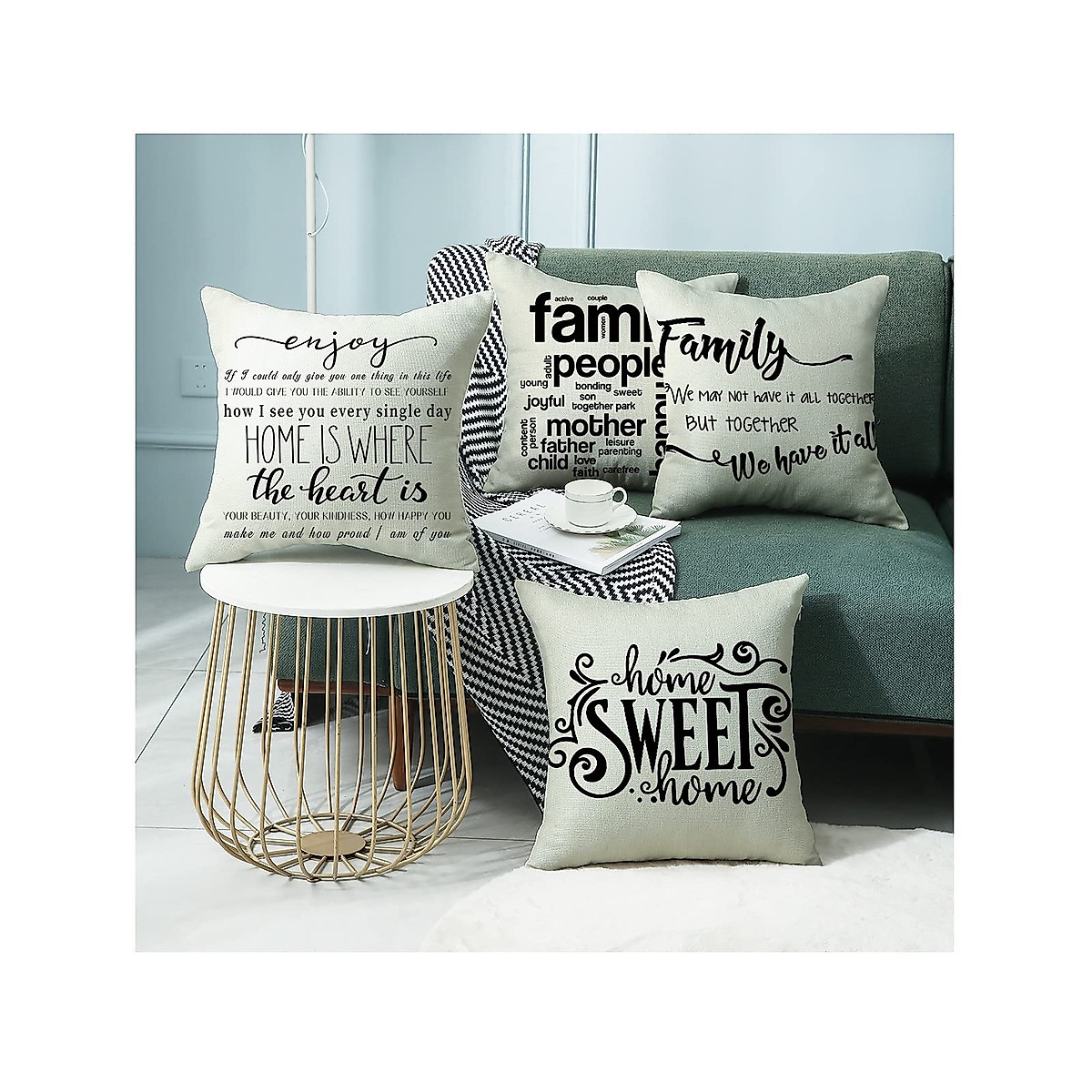 ELLIEMAPH Home Sweet Home Family Throw Pillow Covers 18x18 Inch Set of 4 Linen Decorative Cushion Cases for Bed Sofa Couch Decoration with Bonus 12x18 Inch Welcome Garden Flag