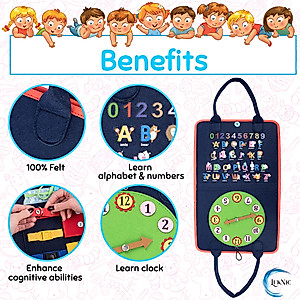 LukNic Busy Board Montessori and Sensory for Toddlers Toys for Children Learning Tool for Kids Portable Blue Felt Bag with Zipper Clock Activiti Kit