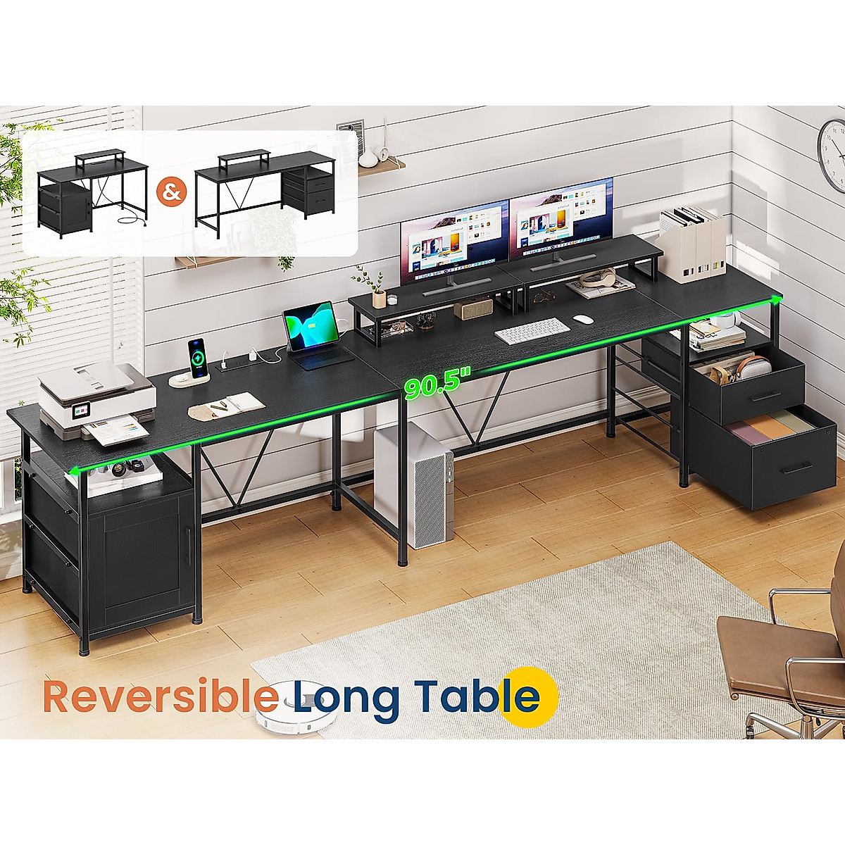 UPOSOJA 67in L Shaped Computer Desk with Power Outlets, 90.5in Long Home Office Desks with 2 Monitor Stands, 2PC Small Corner Table, Storage Cabinet Rack Drawers(Black)