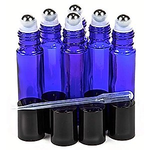 Onwon 6 Pcs Glass Stainless Steel Roller Bottles Cobalt Blue Dropper Included Re-usable 10ml Roll-ons Perfect For Essential Oils, Perfume Oils, Or Other Liquids