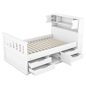 ATY Twin Size Platform Bed with Storage Headboard and 4 Pull-Out Drawers, Wooden Captain Bedframe w/Footboard & Cabinet, Save Space Design, No Box Spring Needed, White