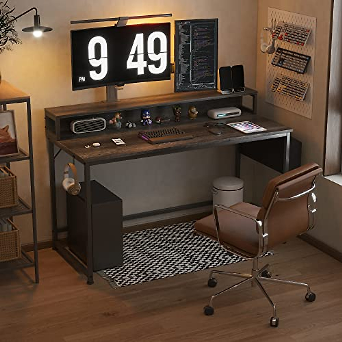 MUTUN 47" Computer Desk, Home Office Desks, Modern Writing Desk with Monitor Stand, PC Desk with Storage Bag and Hook, Grey Oak