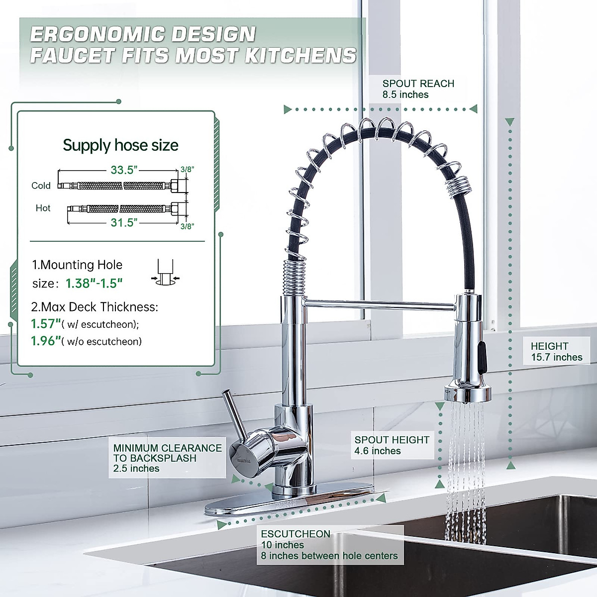 Chrome Kitchen Faucet, Faucet for Kitchen Sink with Pull Down Sprayer WEWE Kitchen Faucet with Deck Plate Stainless Steel Single Handle Spring for Farmhouse with Female 1/2 Adapters