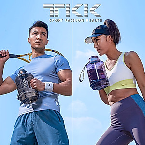 TKK Half Gallon Water Bottle Jug with Straw Time Marker Big Bottle Dishwasher Safe 1/2 Gallon 64 Oz Jug BPA Free Tritan for Gym Yoga Travel Camping Outdoor Orange Pink