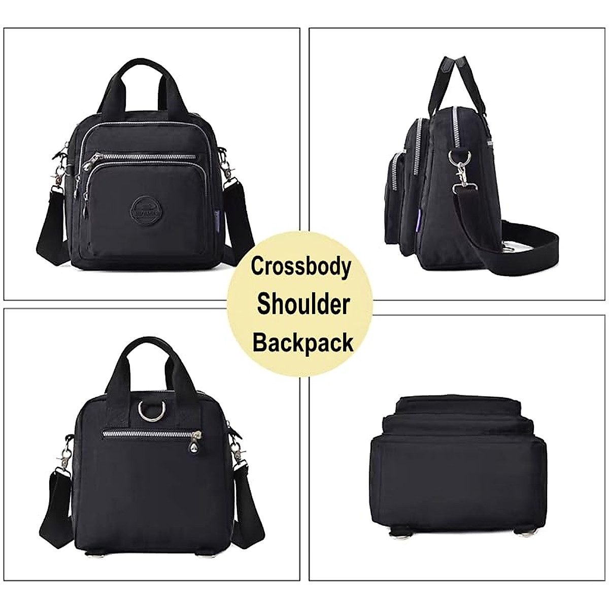 VVVSO Women's Waterproof Nylon Crossbody Shoulder Bag Durable Casual Backpack (Black)